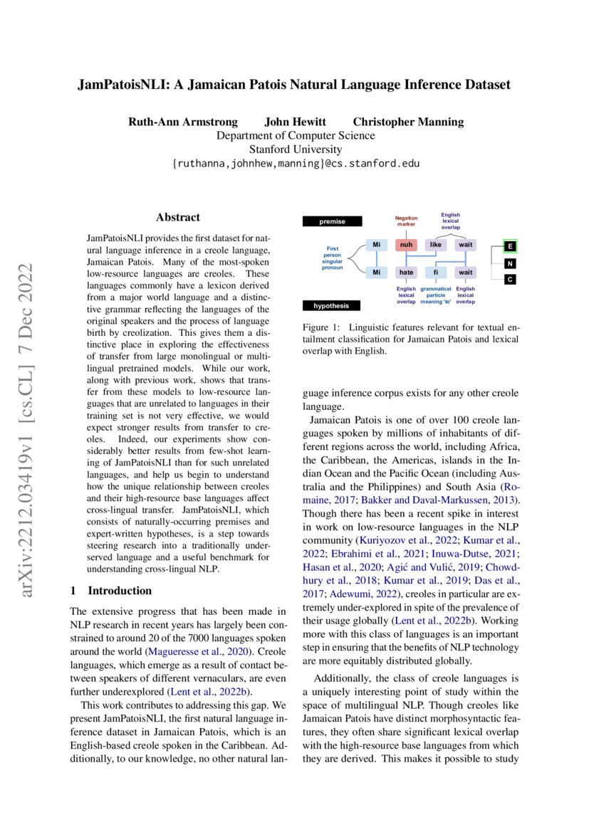 Jampatoisnli A Jamaican Patois Natural Language Inference Dataset Deepai