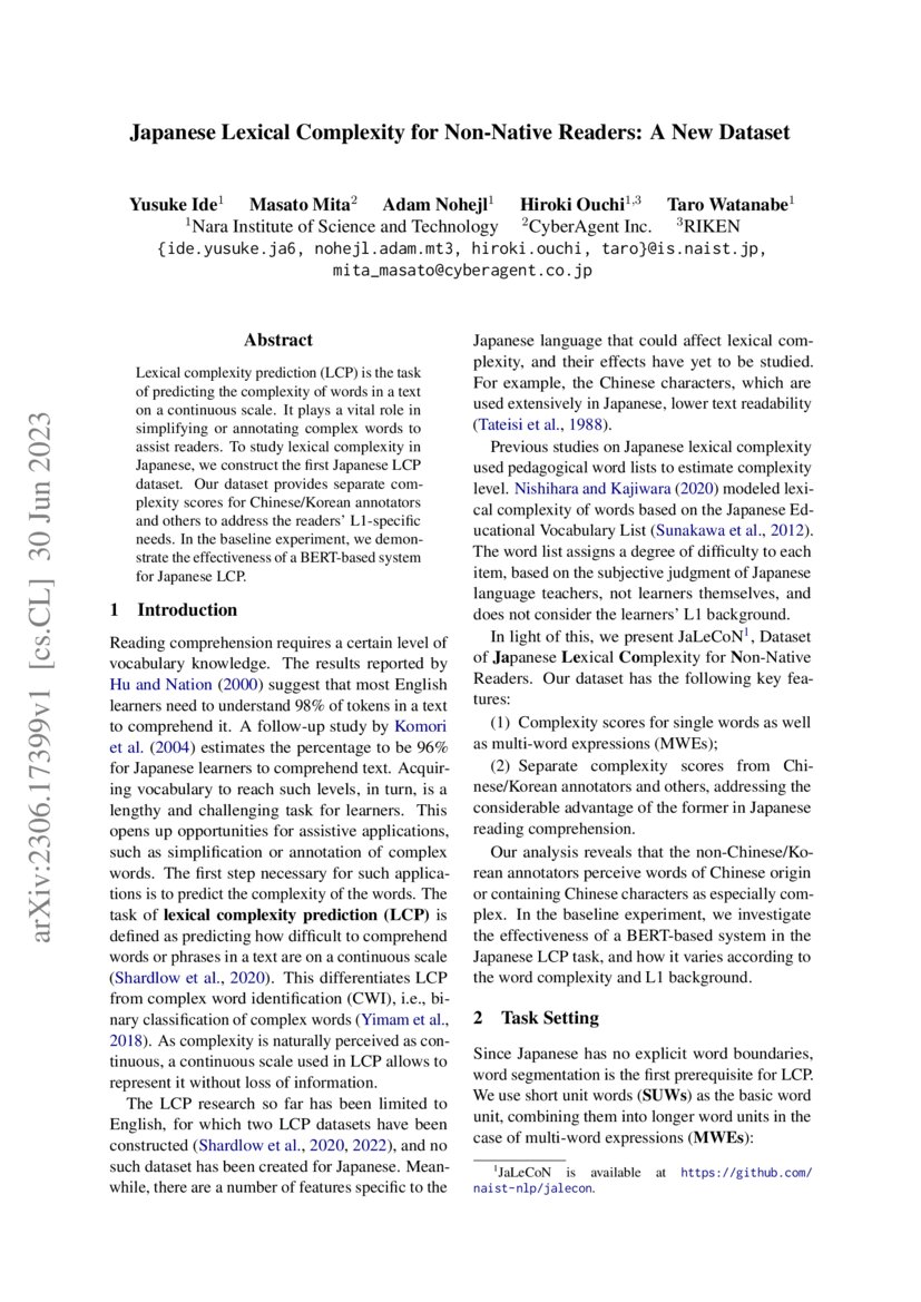 Japanese Lexical Complexity for Non-Native Readers: A New Dataset | DeepAI