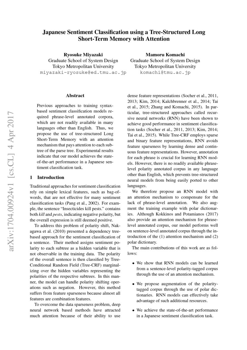 Japanese Sentiment Classification using a Tree-Structured Long Short-Term Memory with Attention ...