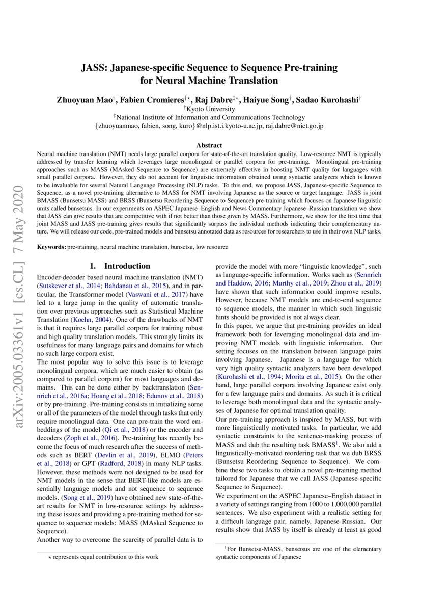 JASS: Japanese-specific Sequence to Sequence Pre-training for Neural Machine Translation | DeepAI