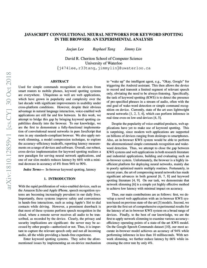 Javascript Convolutional Neural Networks For Keyword Spotting In The Browser An Experimental