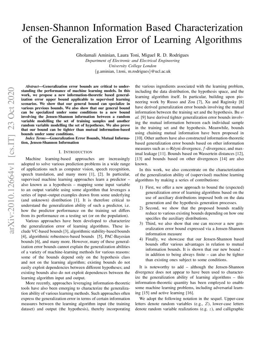 Jensen Shannon Information Based Characterization Of The Generalization Error Of Learning 