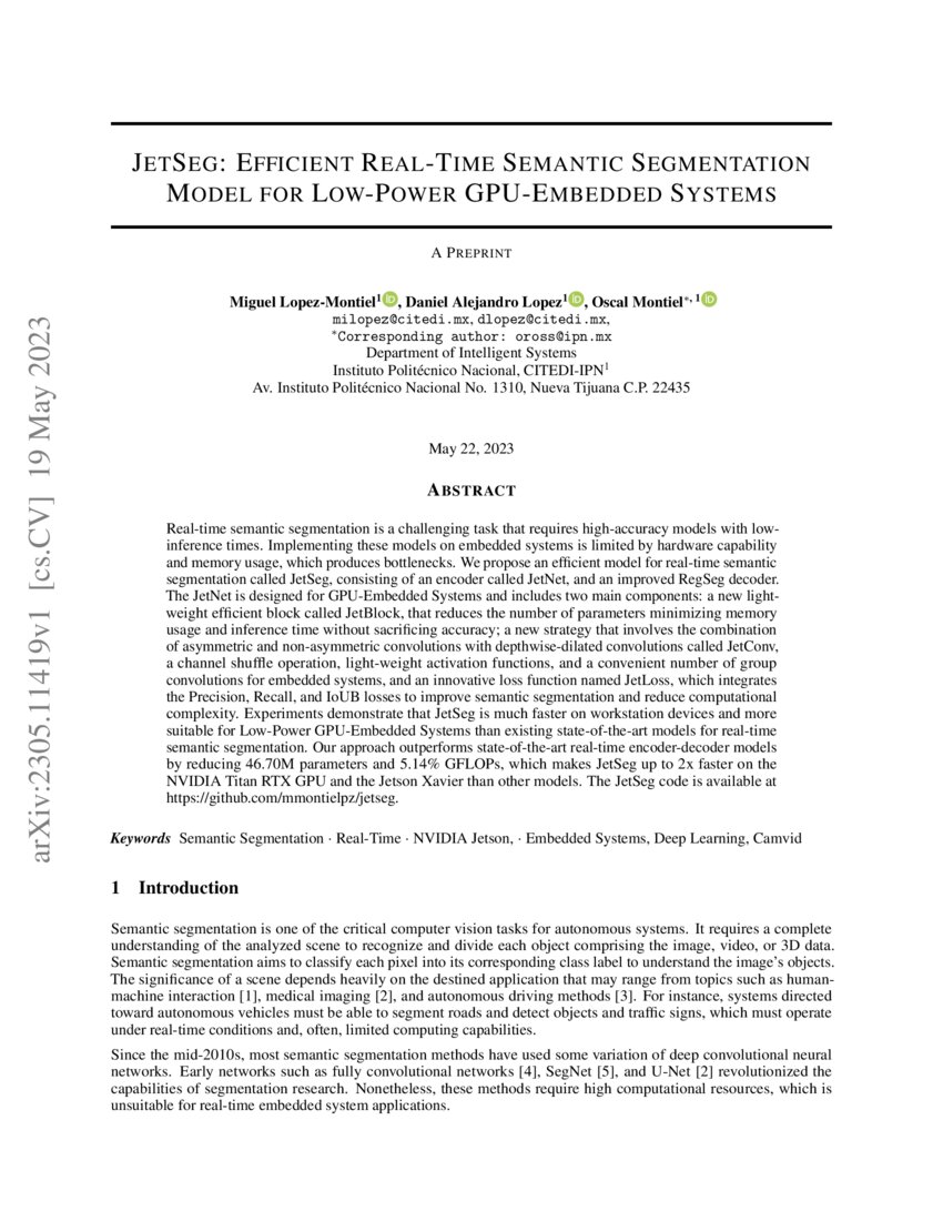 Jetseg Efficient Real Time Semantic Segmentation Model For Low Power Gpu Embedded Systems Deepai