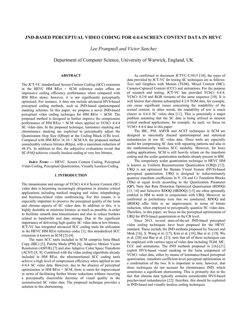 Jnd Based Perceptual Video Coding For 4 4 4 Screen Content Data In Hevc Deepai