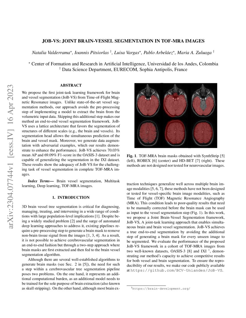 JoB-VS: Joint Brain-Vessel Segmentation in TOF-MRA Images | DeepAI JoB-VS: Joint Brain-Vessel Segmentation in TOF-MRA Images | DeepAI