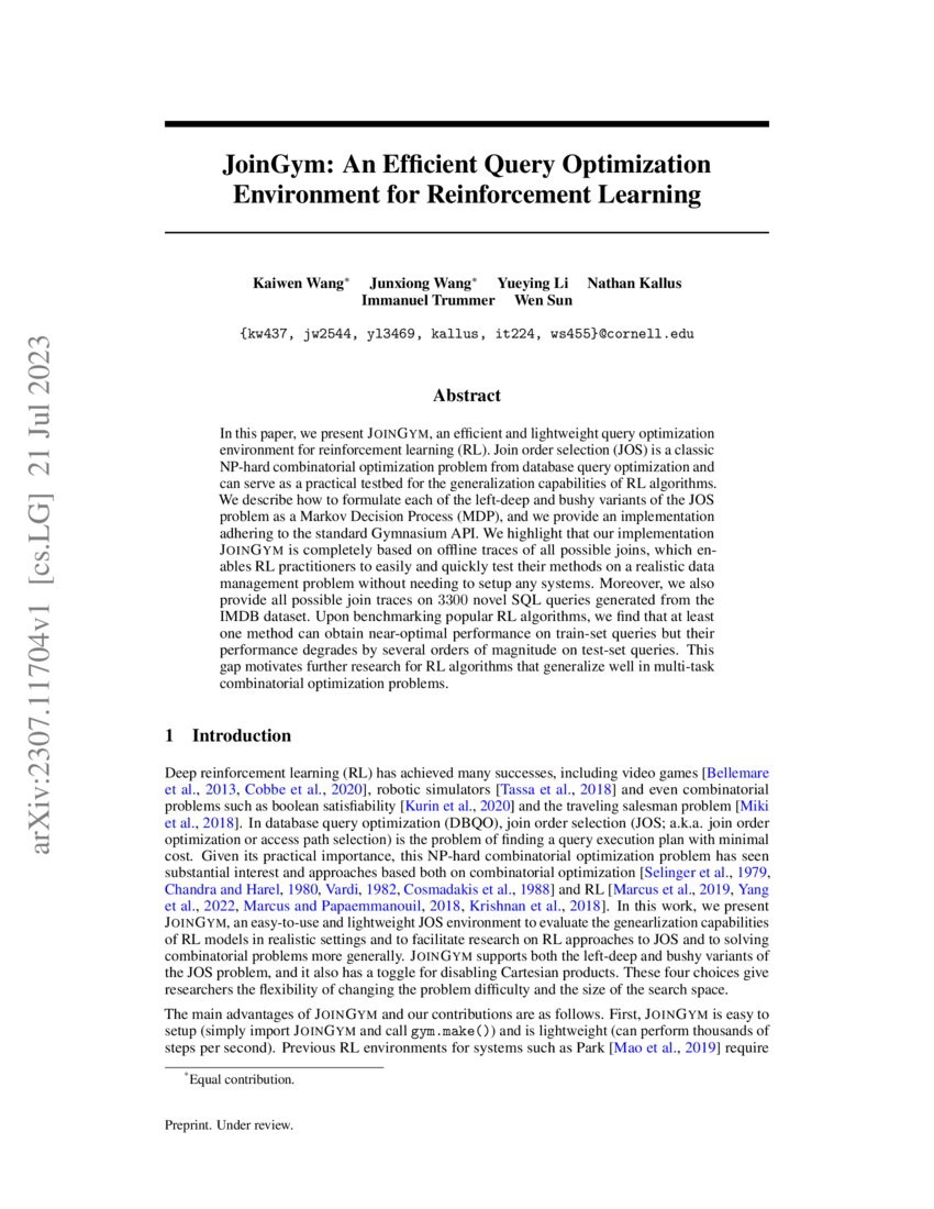 Joingym An Efficient Query Optimization Environment For Reinforcement Learning Deepai 