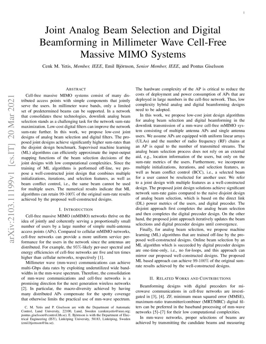 Joint Analog Beam Selection and Digital Beamforming in Millimeter Wave Cell-Free Massive MIMO ...