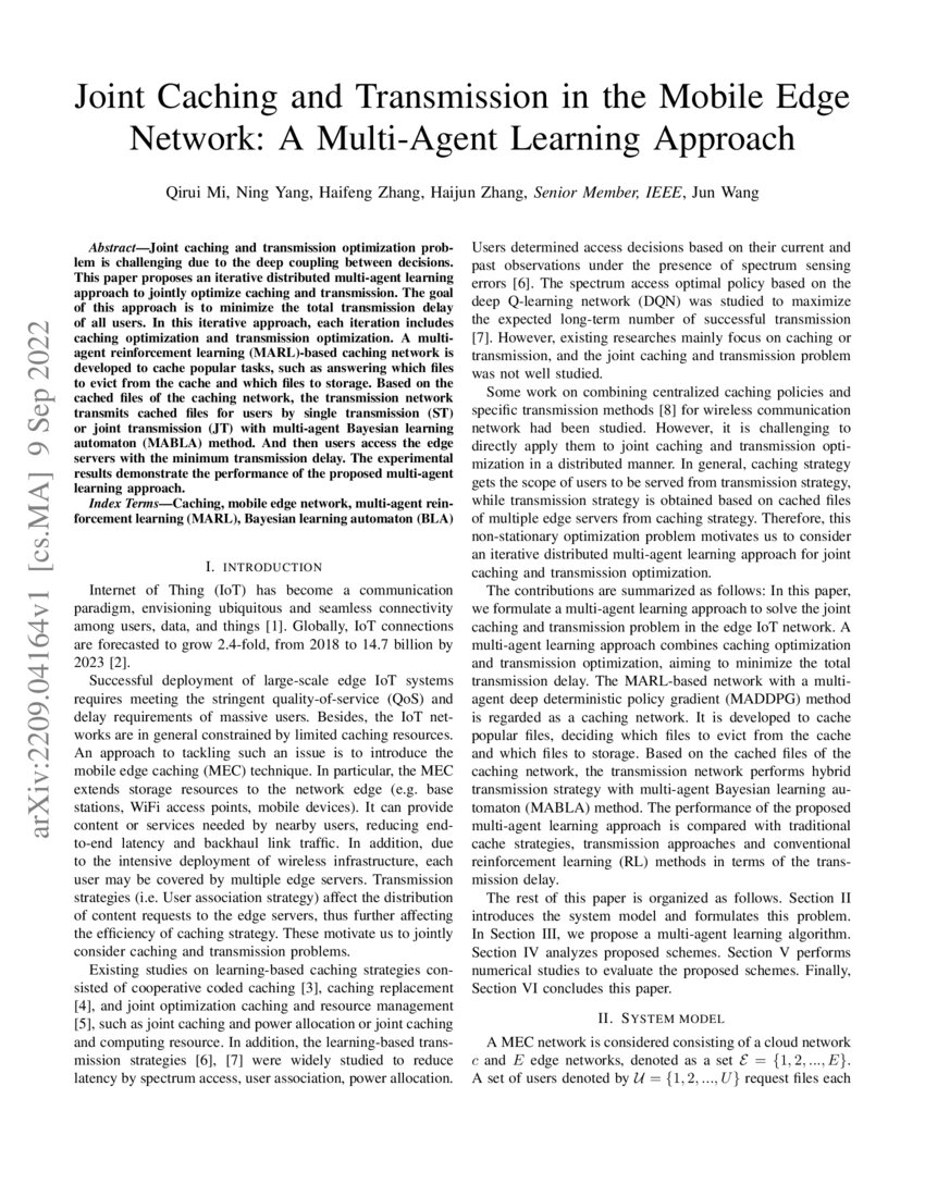Joint Caching And Transmission In The Mobile Edge Network A Multi Agent Learning Approach Deepai