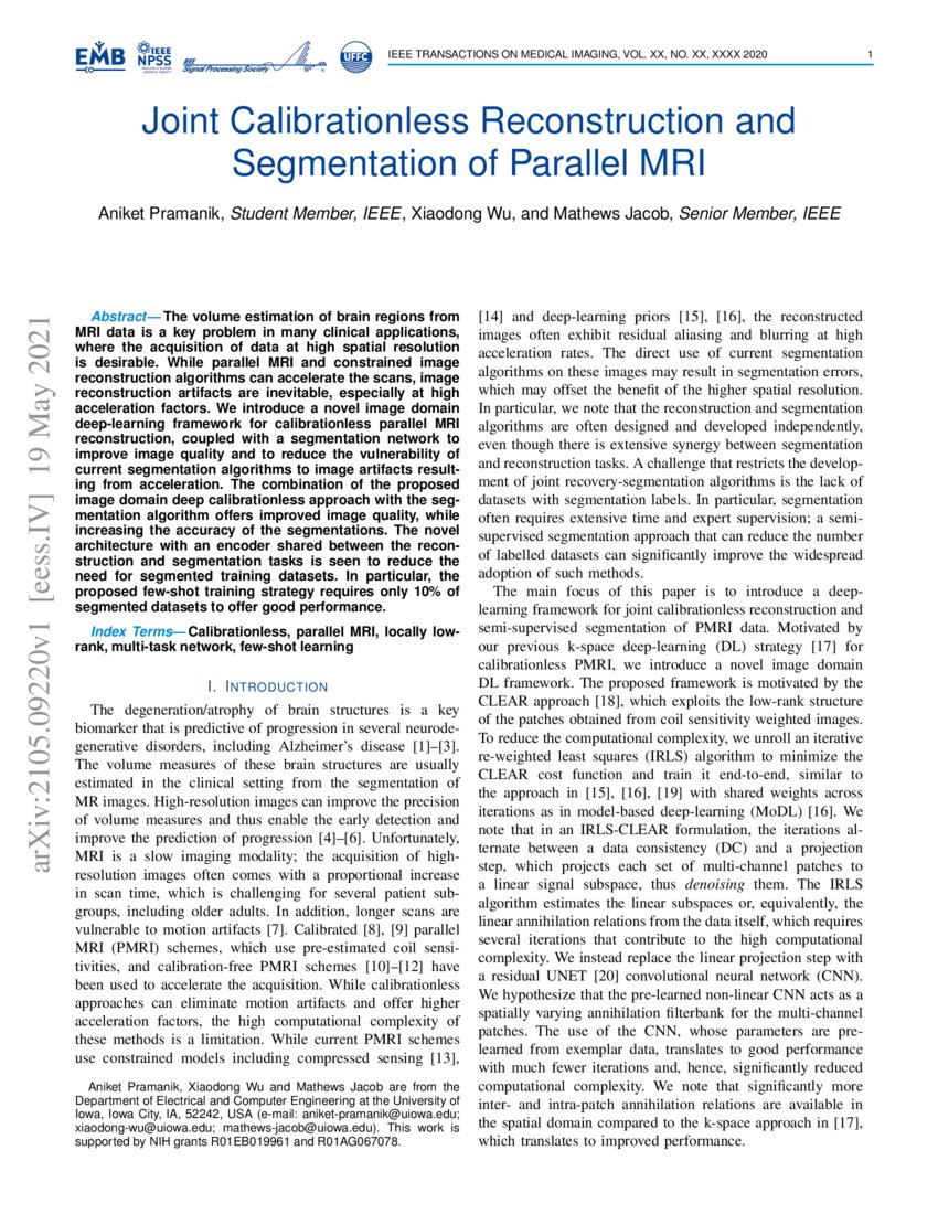 Joint Calibrationless Reconstruction and Segmentation of Parallel MRI | DeepAI