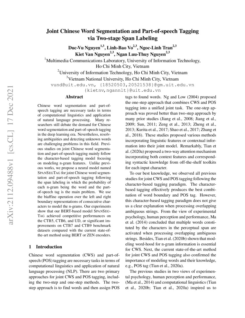 Joint Chinese Word Segmentation And Part Of Speech Tagging Via Two Stage Span Labeling Deepai