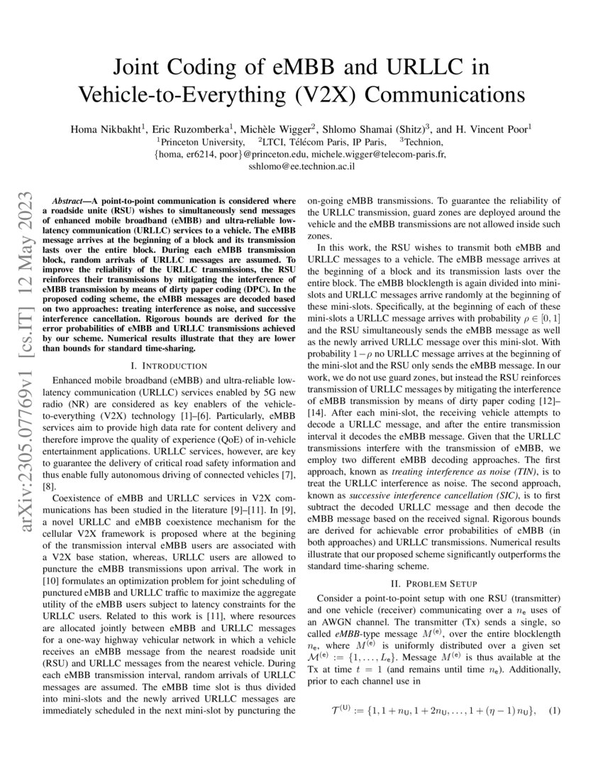 Joint Coding of eMBB and URLLC in Vehicle-to-Everything (V2X) Communications | DeepAI