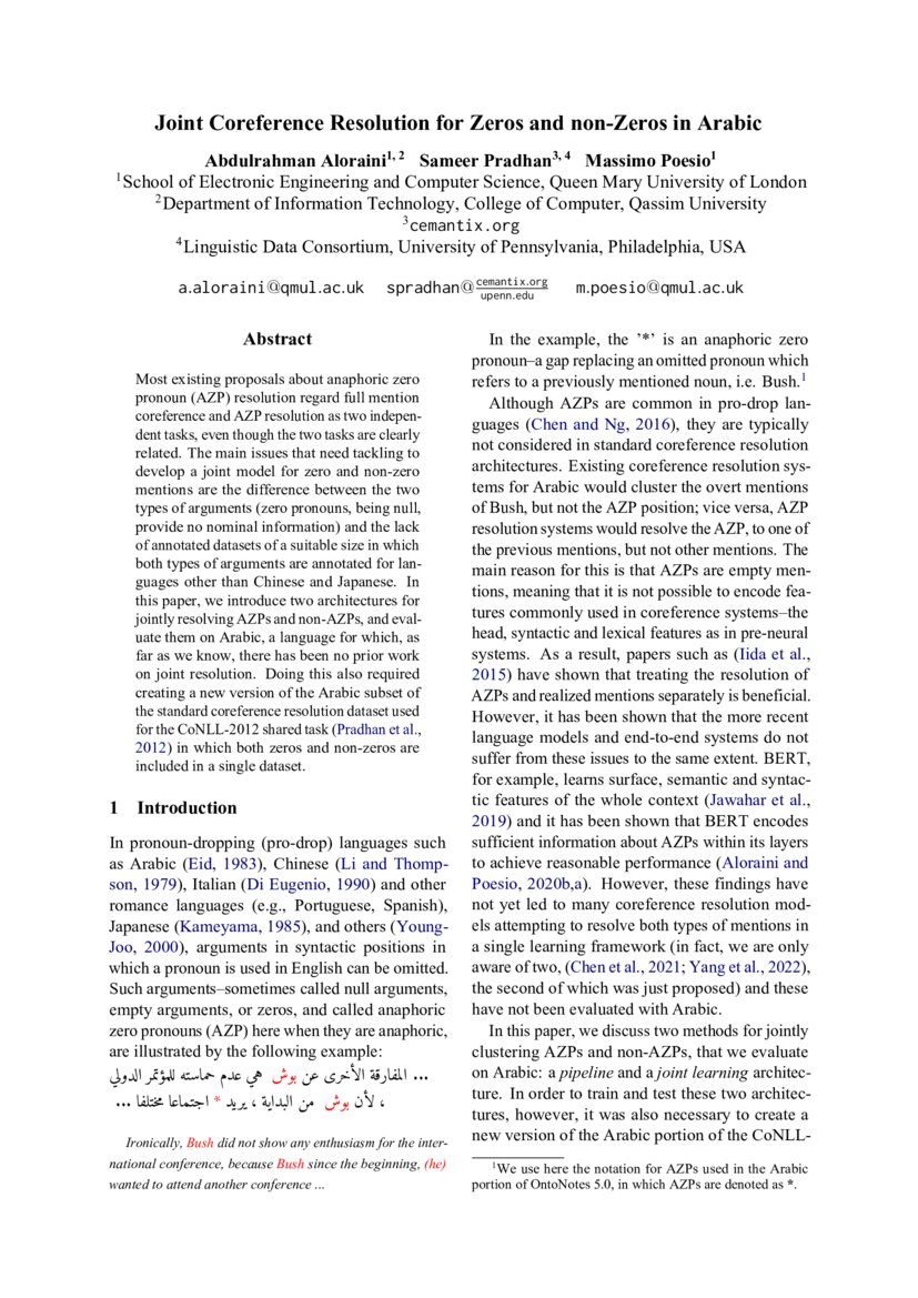 Joint Coreference Resolution For Zeros And Non Zeros In Arabic Deepai