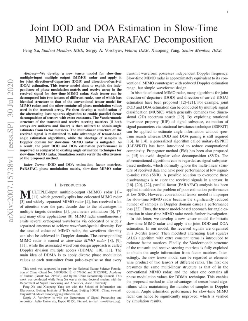Joint Dod And Doa Estimation In Slow Time Mimo Radar Via Parafac Decomposition Deepai
