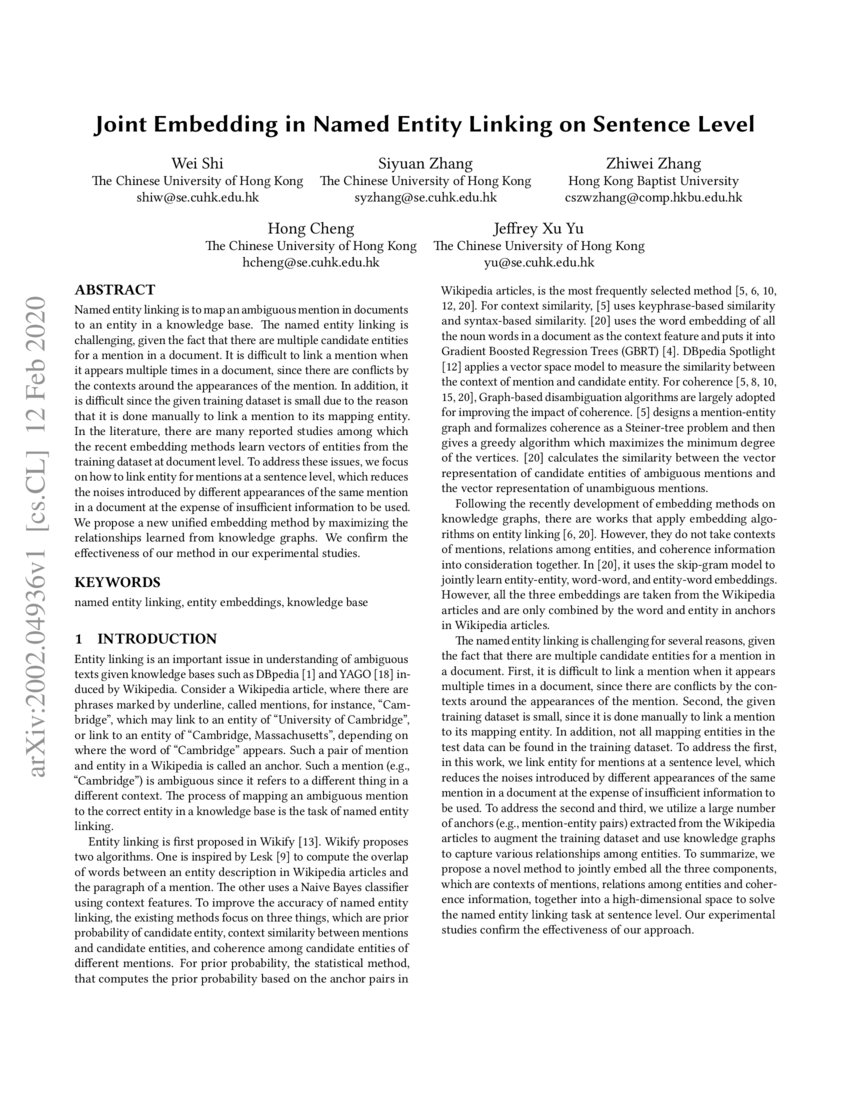 Joint Embedding in Named Entity Linking on Sentence Level | DeepAI