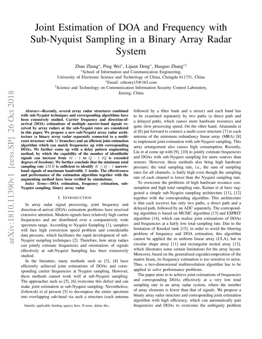 Joint Estimation Of Doa And Frequency With Sub Nyquist Sampling In A Binary Array Radar System