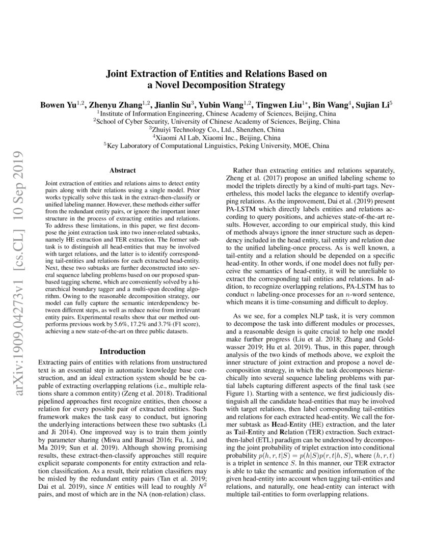 Joint Extraction Of Entities And Relations Based On A Novel Decomposition Strategy Deepai 3542