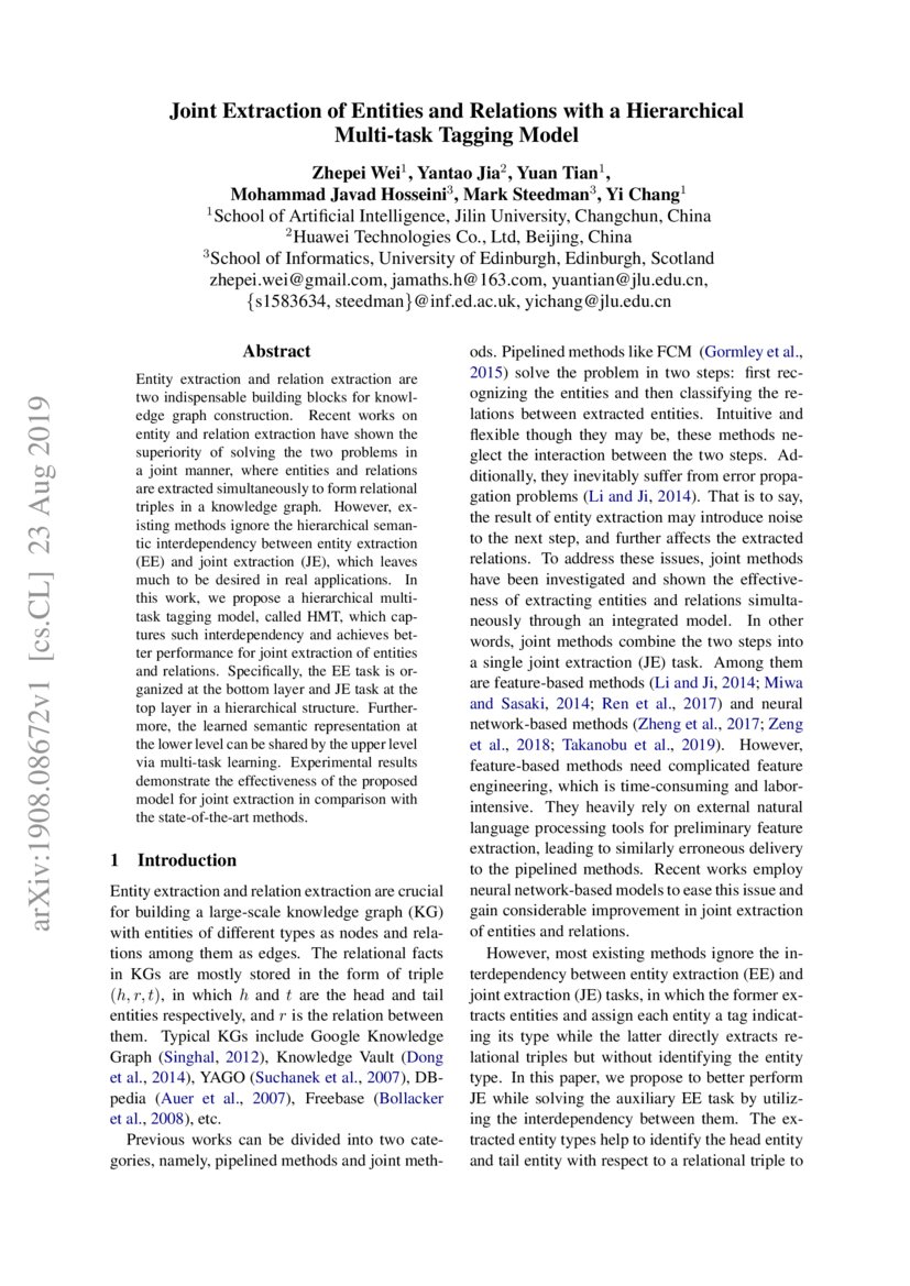 Joint Extraction Of Entities And Relations With A Hierarchical Multi Task Tagging Model Deepai