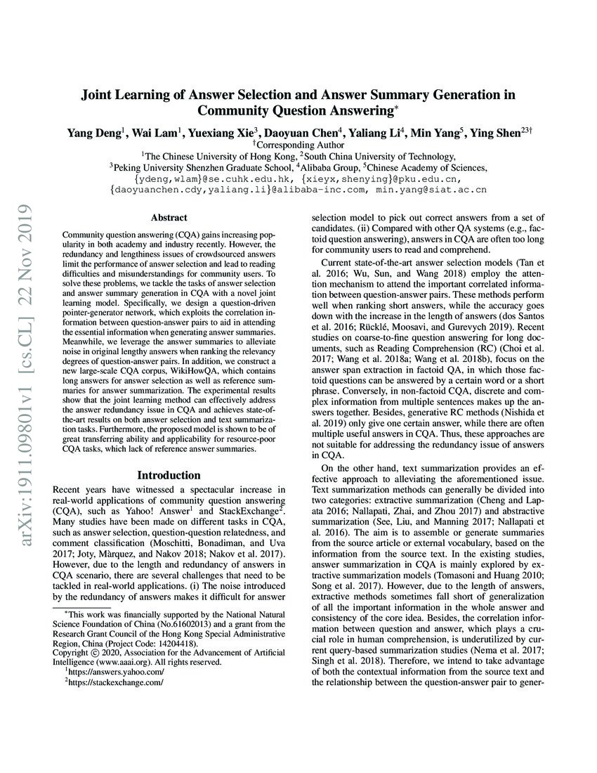 Joint Learning Of Answer Selection And Answer Summary Generation In Community Question Answering