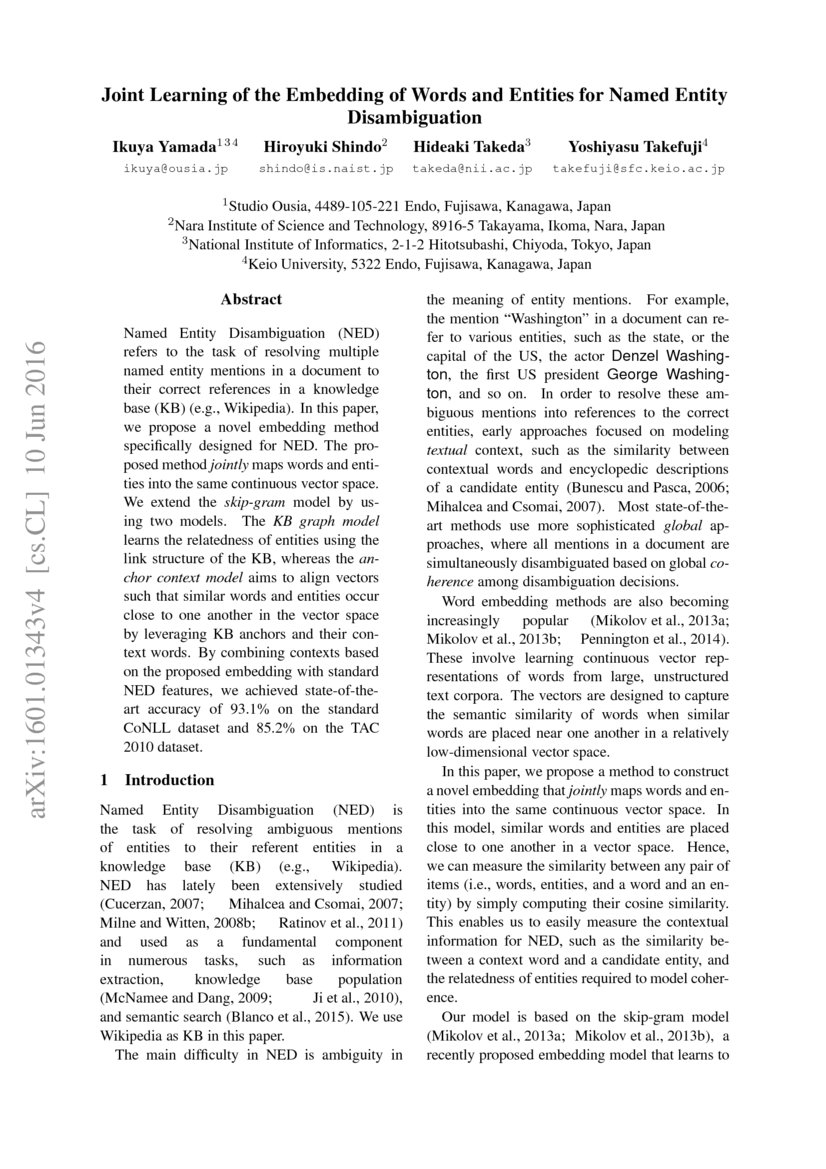Joint Learning Of The Embedding Of Words And Entities For Named Entity Disambiguation Deepai