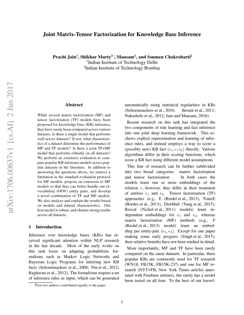 Joint Matrix Tensor Factorization For Knowledge Base Inference Deepai