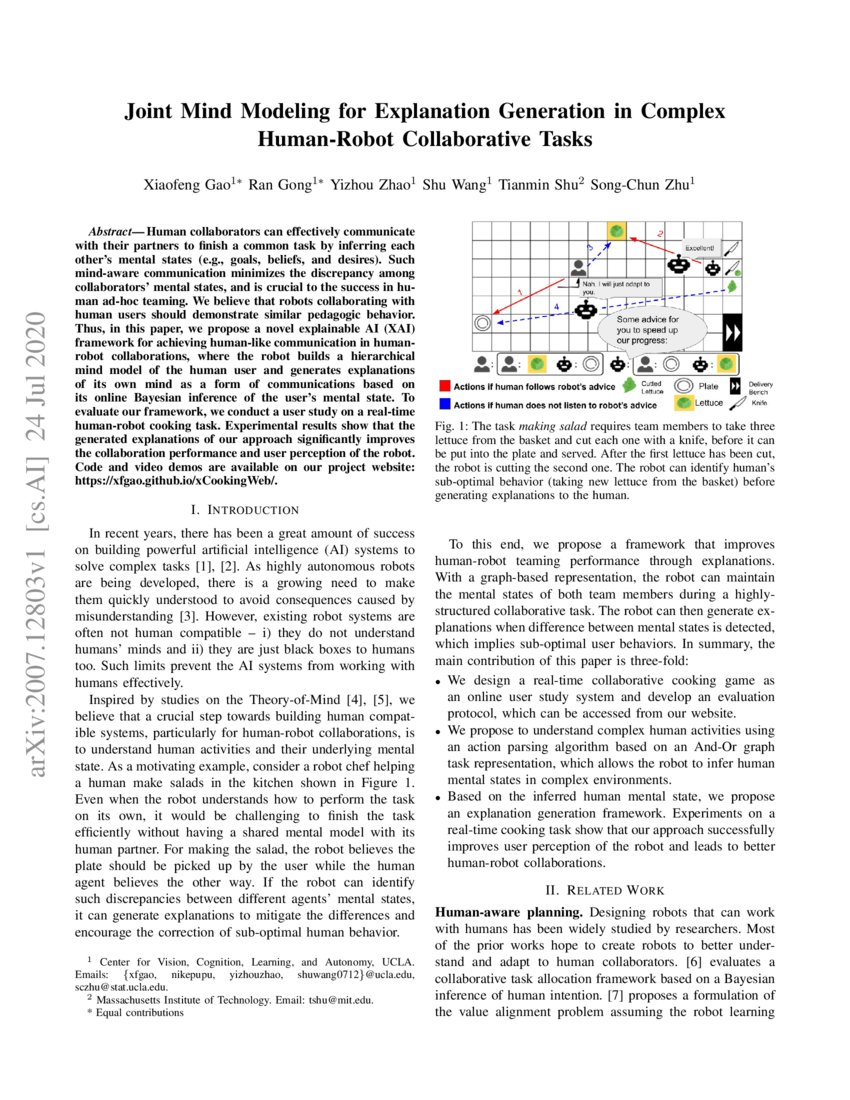 Joint Mind Modeling for Explanation Generation in Complex Human-Robot Collaborative Tasks | DeepAI