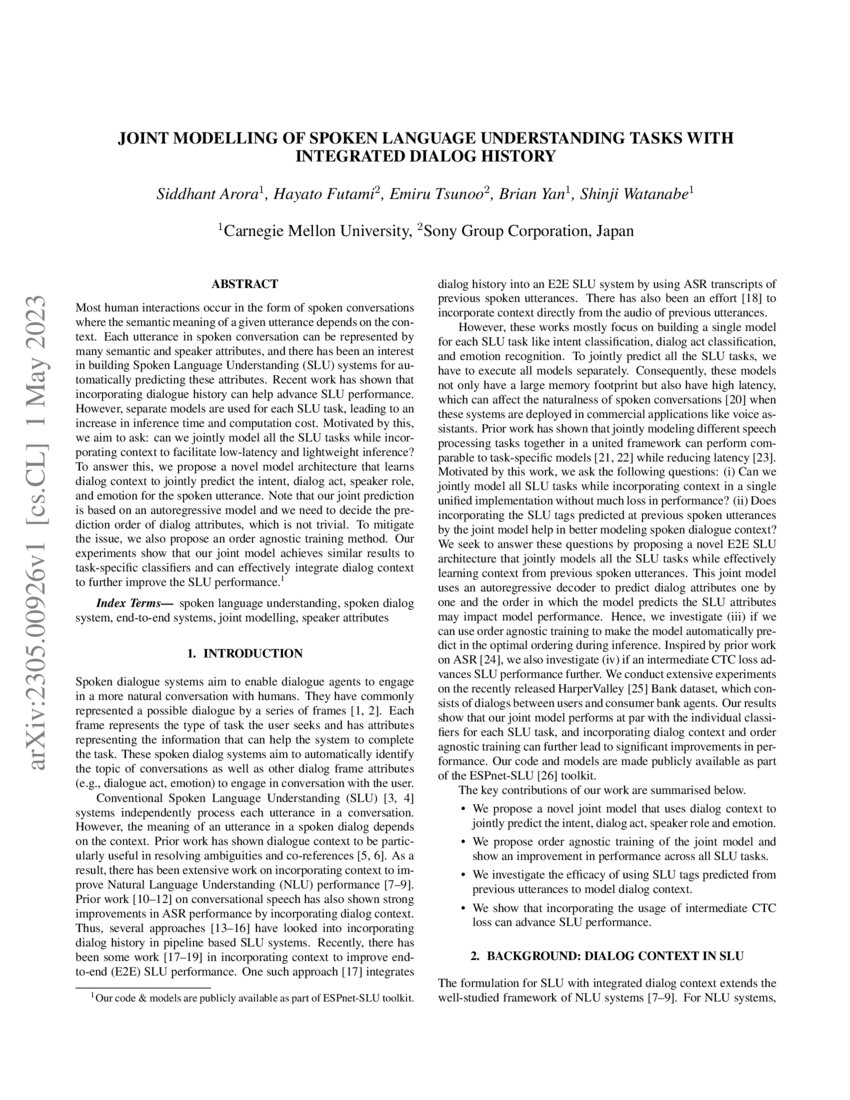 Joint Modelling of Spoken Language Understanding Tasks with Integrated Dialog History | DeepAI