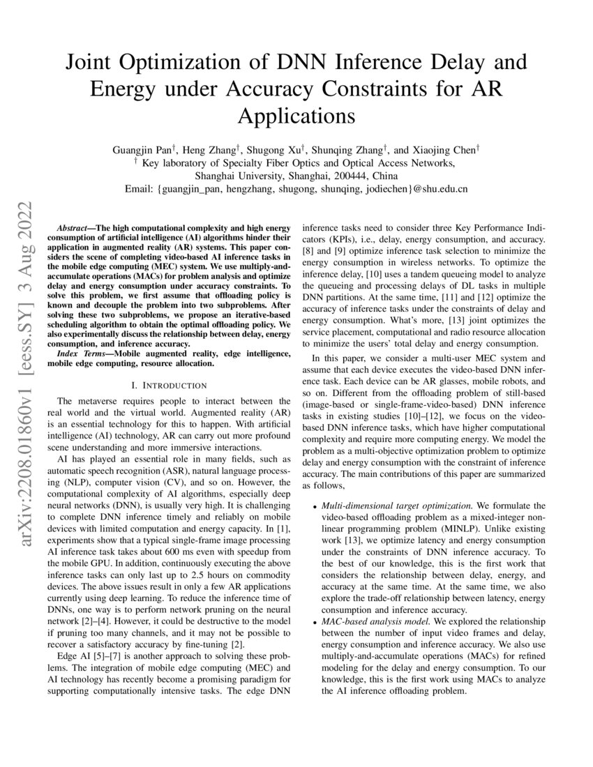 Joint Optimization Of Dnn Inference Delay And Energy Under Accuracy Constraints For Ar