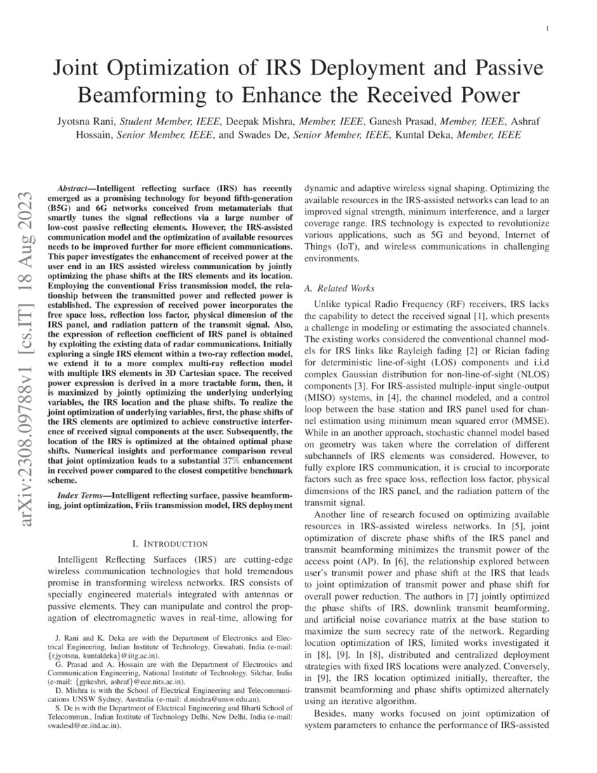 Joint Optimization of IRS Deployment and Passive Beamforming to Enhance the Received Power | DeepAI