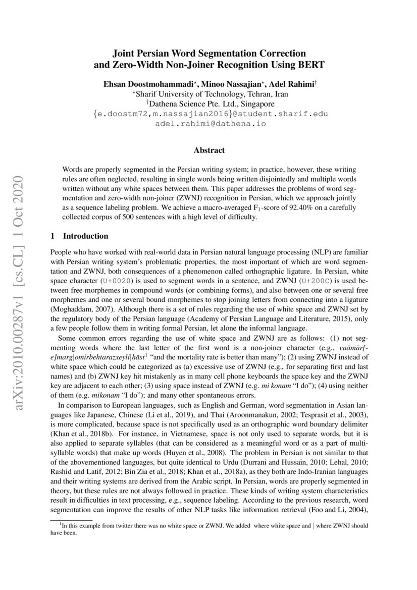 Joint Persian Word Segmentation Correction And Zero Width Non Joiner Recognition Using Bert Deepai