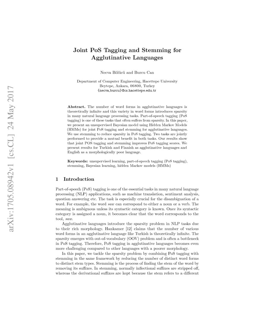 Joint Pos Tagging And Stemming For Agglutinative Languages Deepai