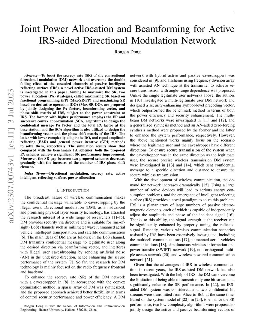 Joint Power Allocation And Beamforming For Active Irs Aided Directional Modulation Network Deepai