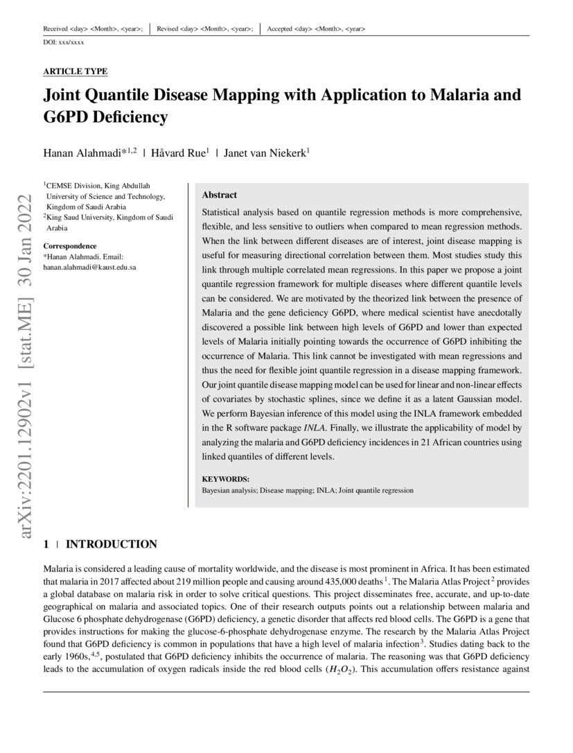 Joint Quantile Disease Mapping with Application to Malaria and G6PD ...