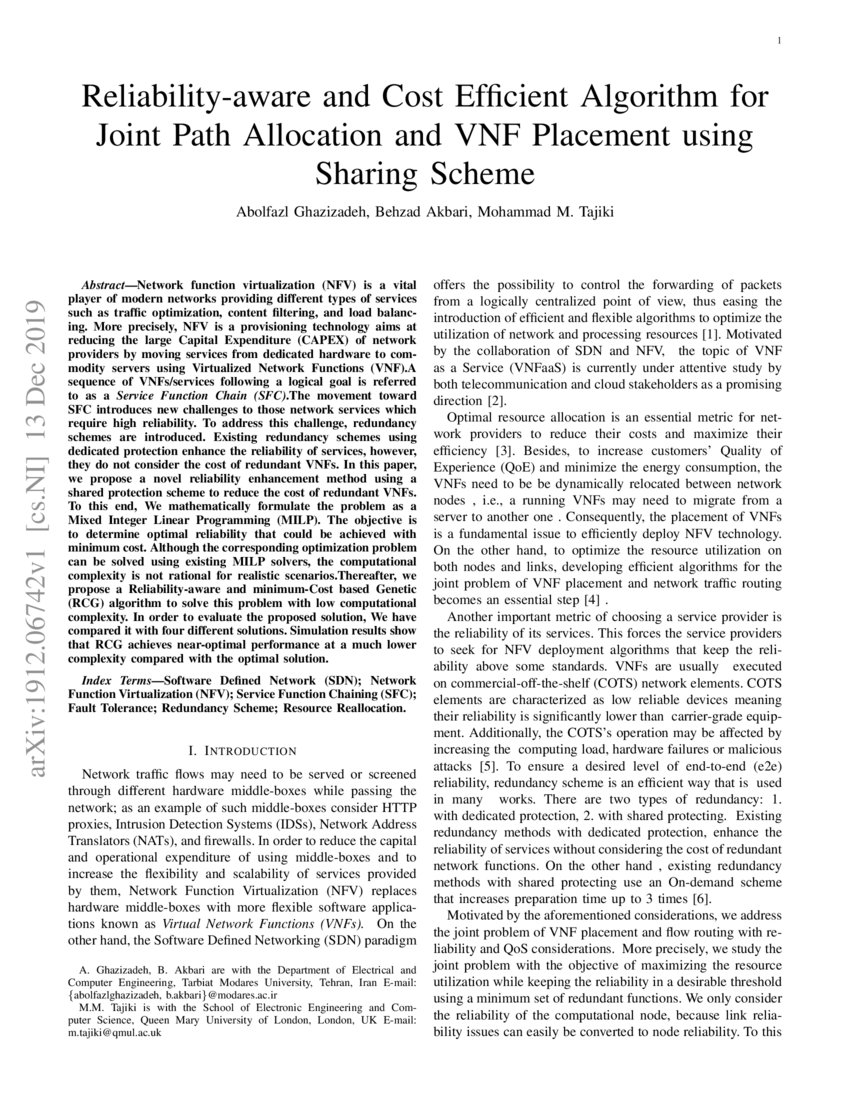 Joint Reliability Aware And Cost Efficient Path Allocation And Vnf Placement Using Sharing