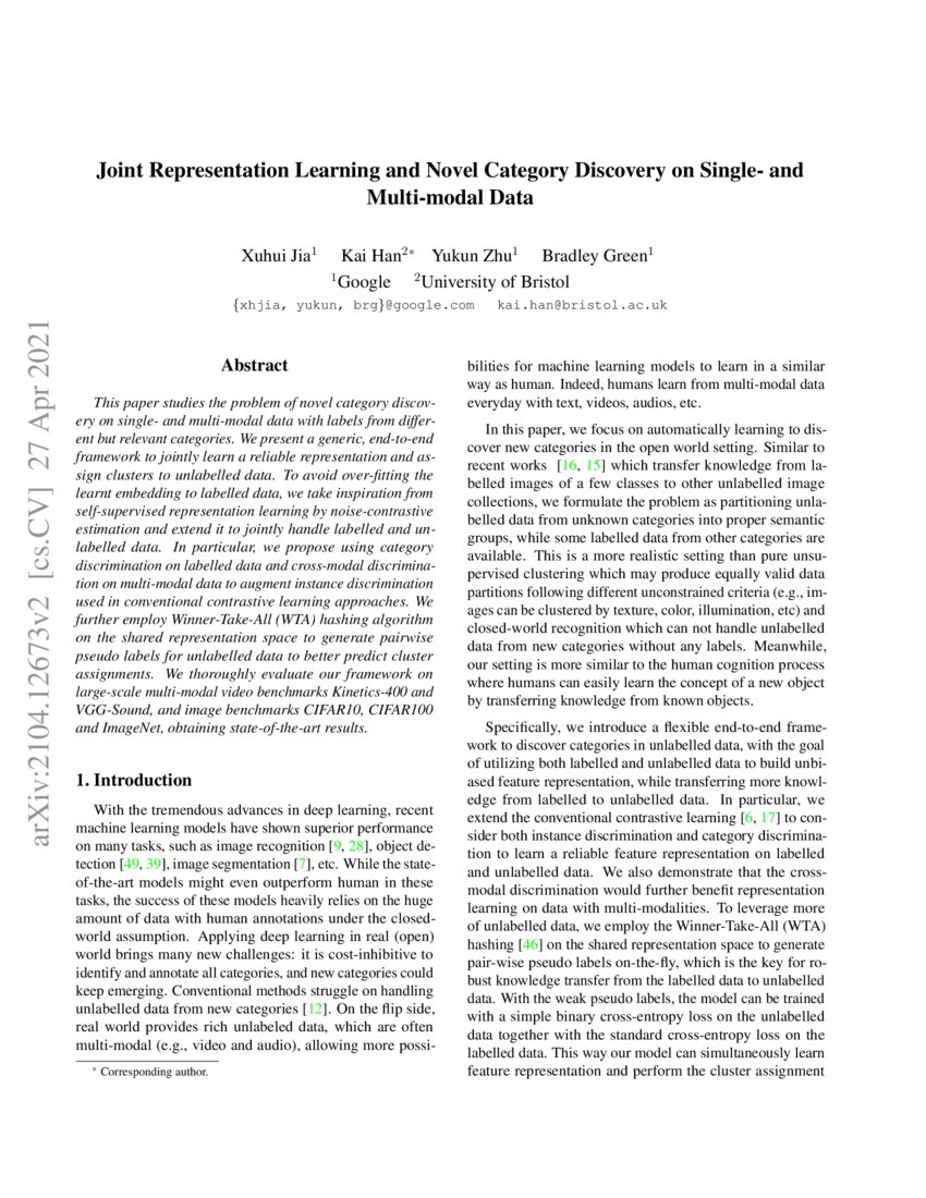 Joint Representation Learning and Novel Category Discovery on Single- and Multi-modal Data | DeepAI