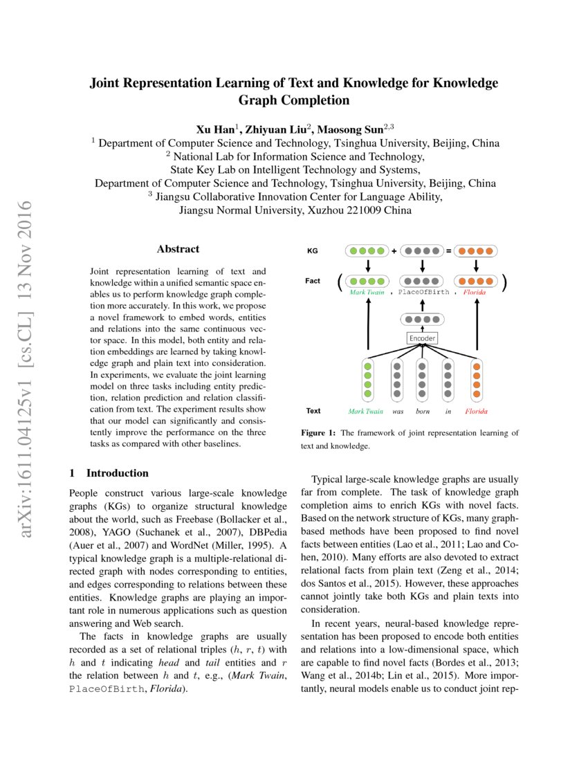Joint Representation Learning Of Text And Knowledge For Knowledge Graph Completion Deepai