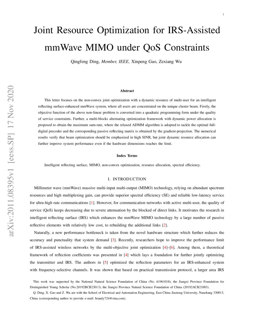 Joint Resource Optimization for IRS-Assisted mmWave MIMO under QoS Constraints | DeepAI