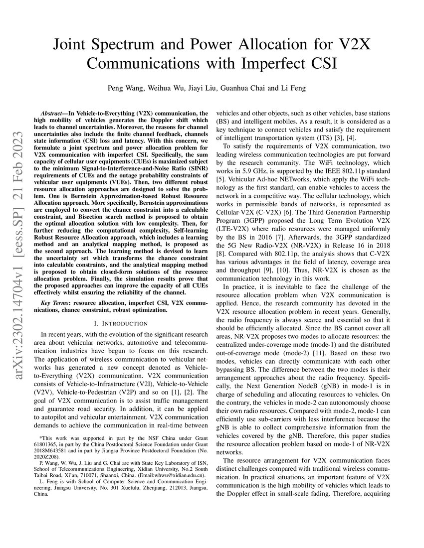 Joint Spectrum And Power Allocation For V2x Communications With Imperfect Csi Deepai