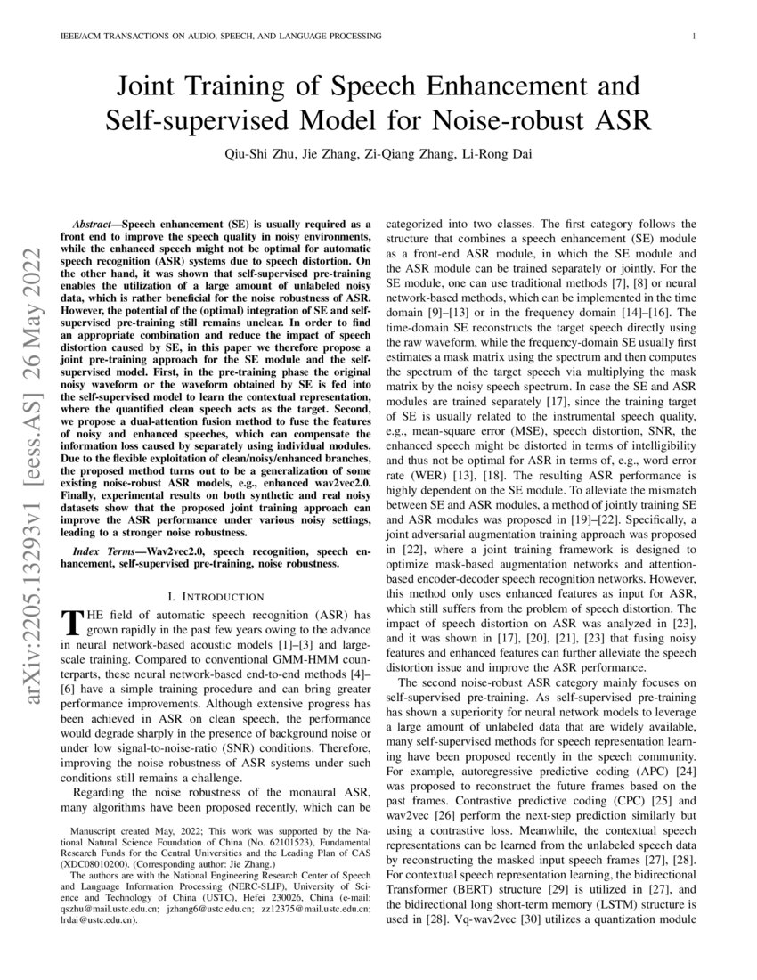 Joint Training Of Speech Enhancement And Self Supervised Model For Noise Robust Asr Deepai