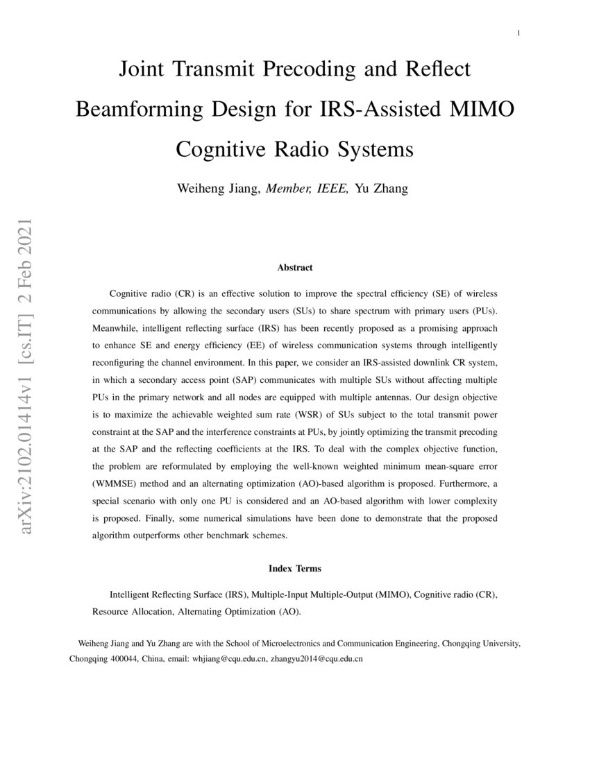 Joint Transmit Precoding and Reflect Beamforming Design for IRS-Assisted MIMO Cognitive Radio ...