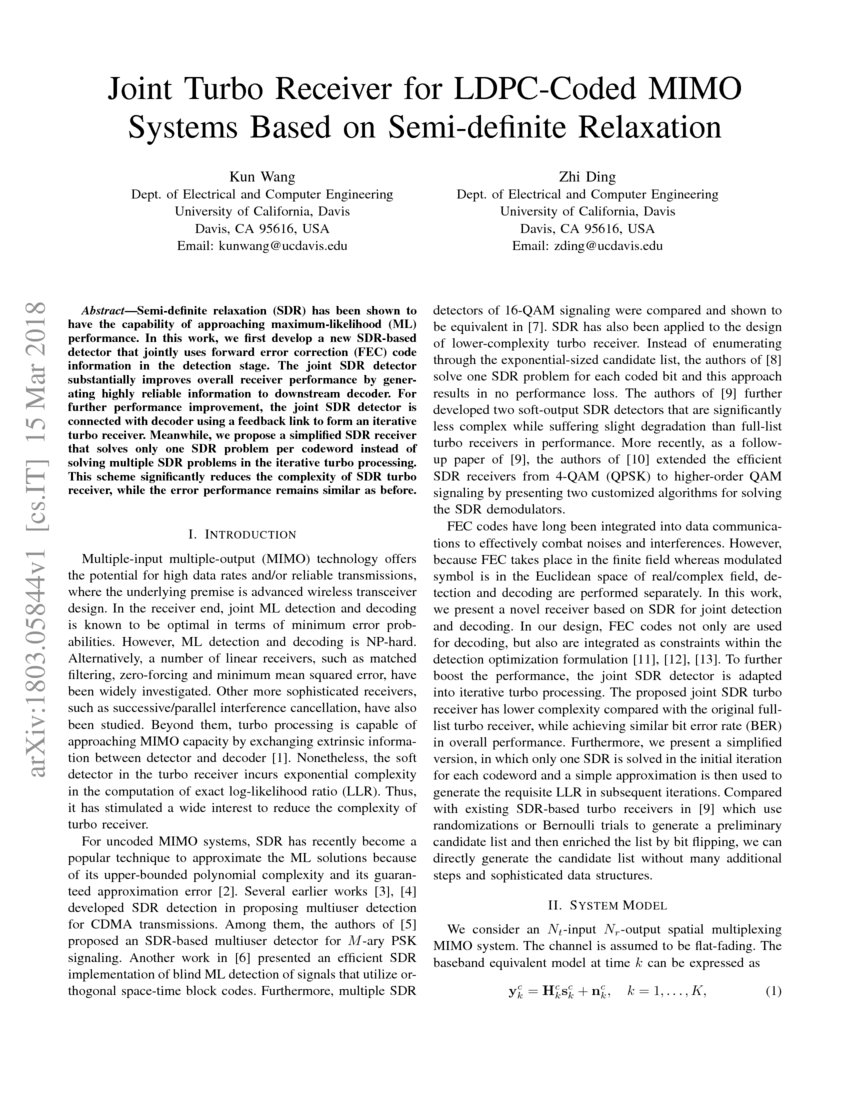 Joint Turbo Receiver For Ldpc Coded Mimo Systems Based On Semi Definite Relaxation Deepai 