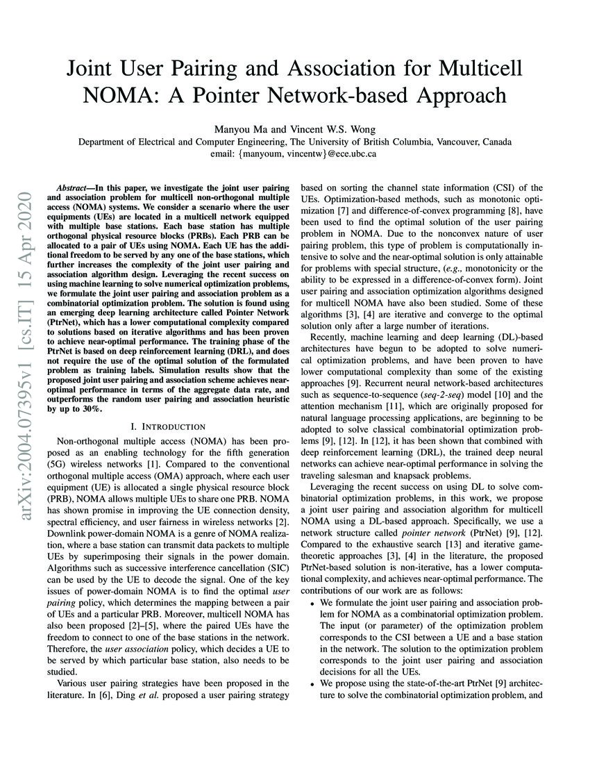 Joint User Pairing And Association For Multicell Noma A Pointer Network Based Approach Deepai