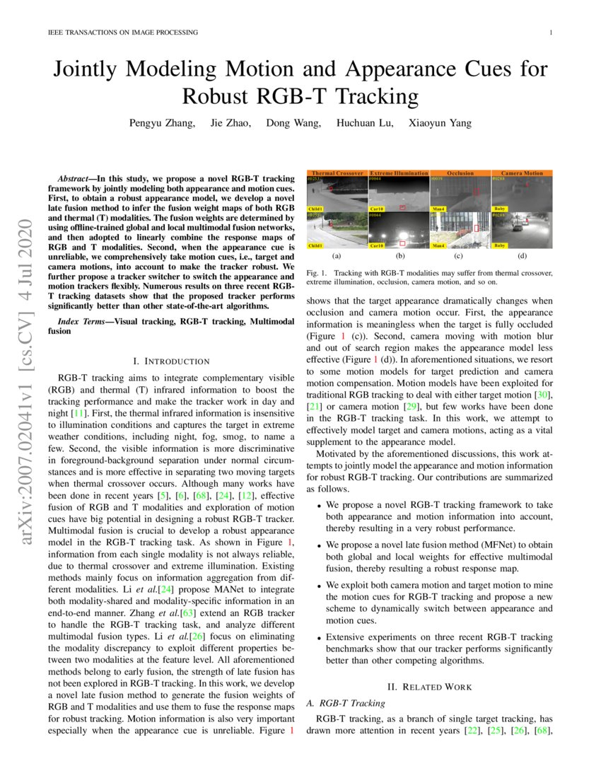Jointly Modeling Motion and Appearance Cues for Robust RGB-T Tracking | DeepAI
