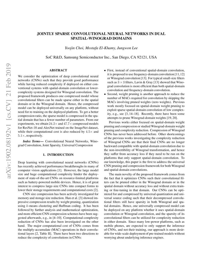 Jointly Sparse Convolutional Neural Networks in Dual Spatial-Winograd Domains | DeepAI