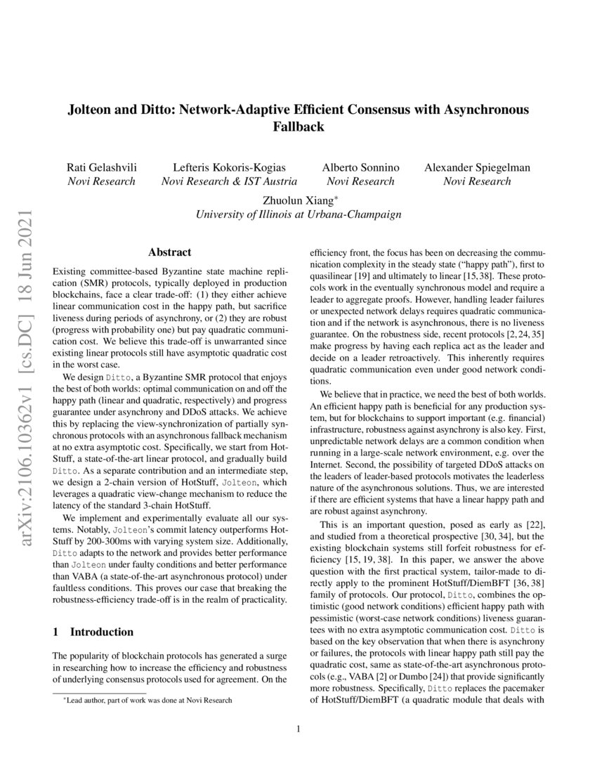 Jolteon and Ditto: Network-Adaptive Efficient Consensus with Asynchronous Fallback | DeepAI