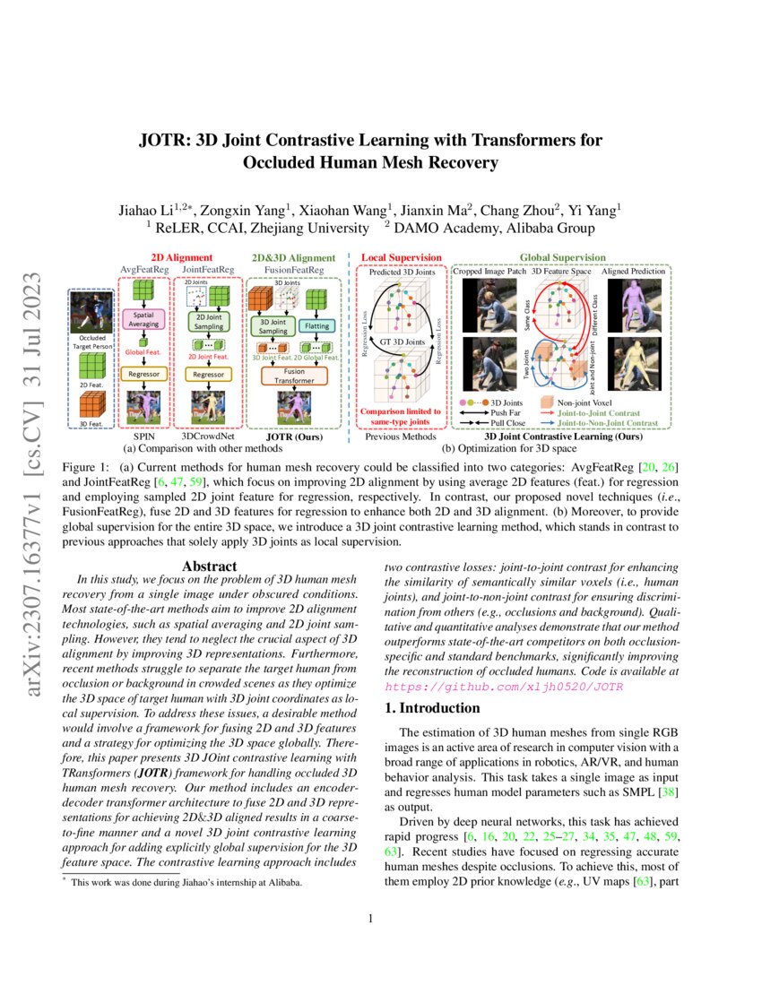 Jotr 3d Joint Contrastive Learning With Transformers For Occluded Human Mesh Recovery Deepai