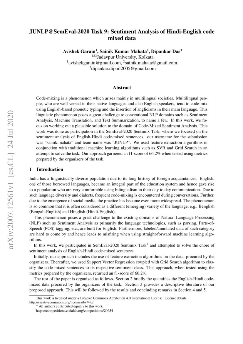 Junlp Semeval 2020 Task 9 Sentiment Analysis Of Hindi English Code Mixed Data Deepai
