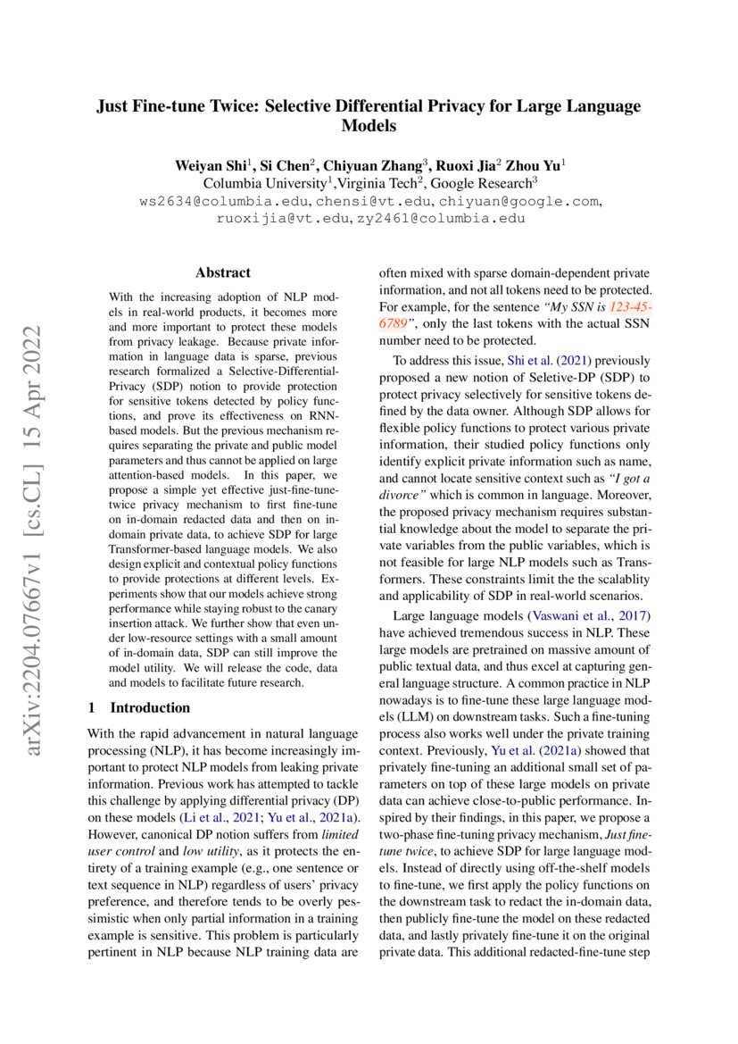 Just Fine-tune Twice: Selective Differential Privacy for Large Language Models | DeepAI