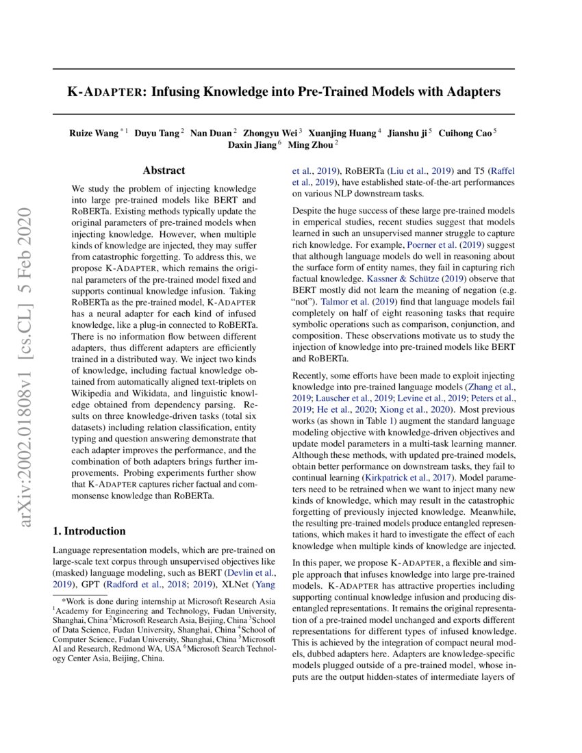 K-Adapter: Infusing Knowledge into Pre-Trained Models with Adapters ...