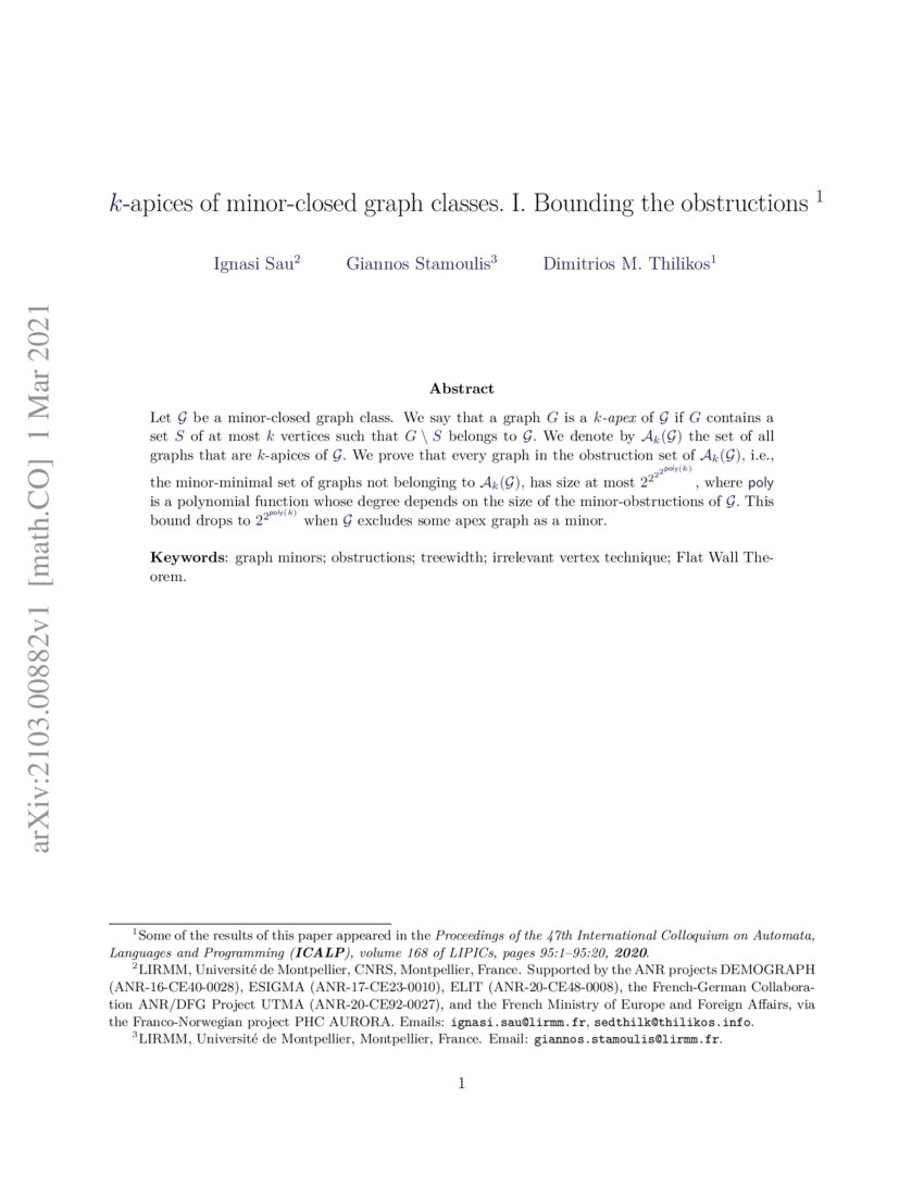 k-apices of minor-closed graph classes. I. Bounding the obstructions | DeepAI