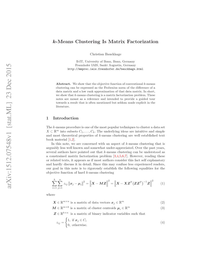 k-Means Clustering Is Matrix Factorization | DeepAI